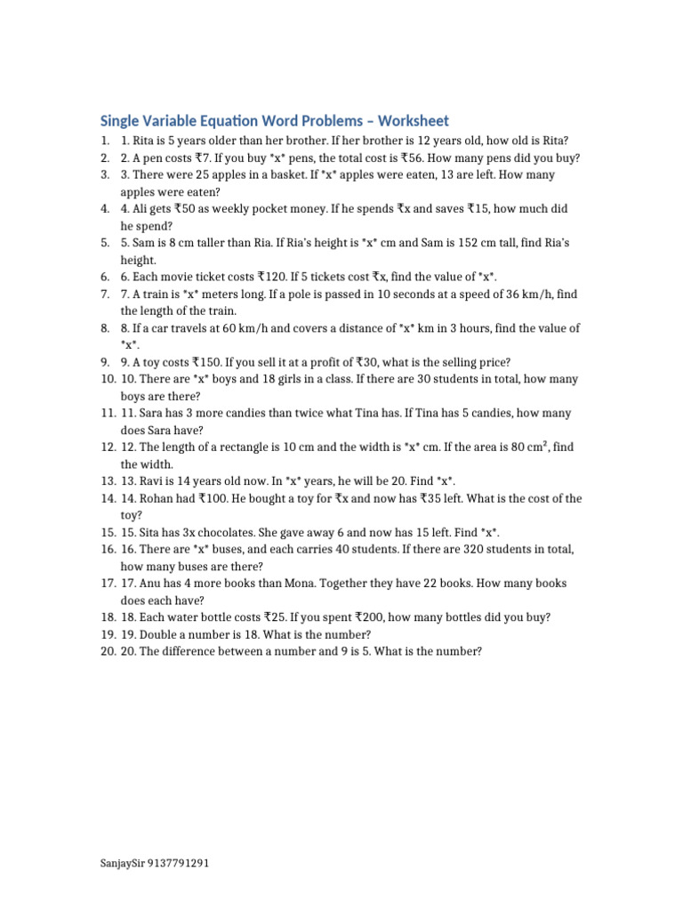 Single Variable Word Problems Worksheet | PDF