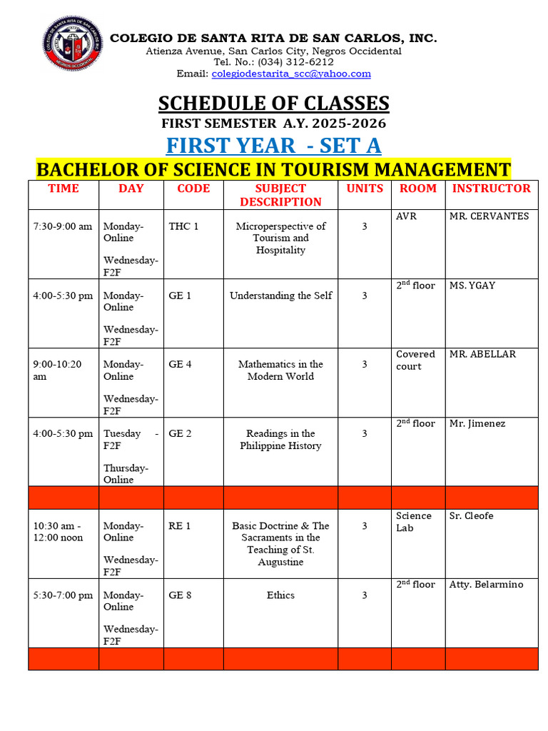 Schedule of Classes 2025-2026 | PDF
