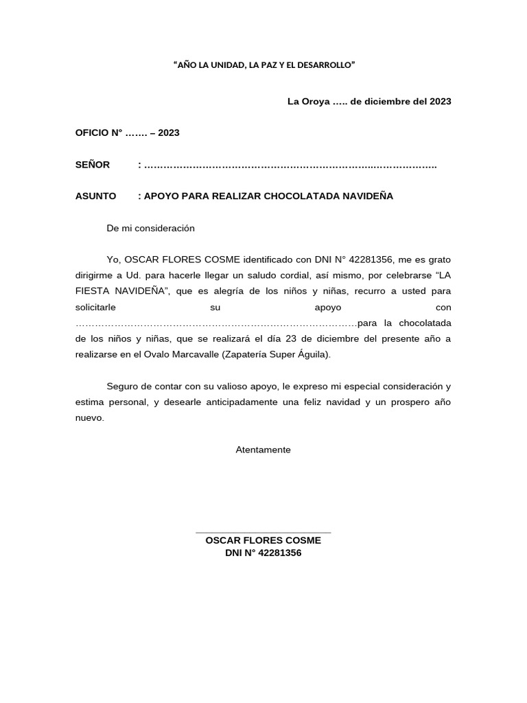 Oficio Apoyo Para Realizar Chocolatada | PDF