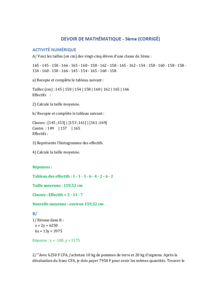 Devoir de Maths 3ème - Corrigé | PDF