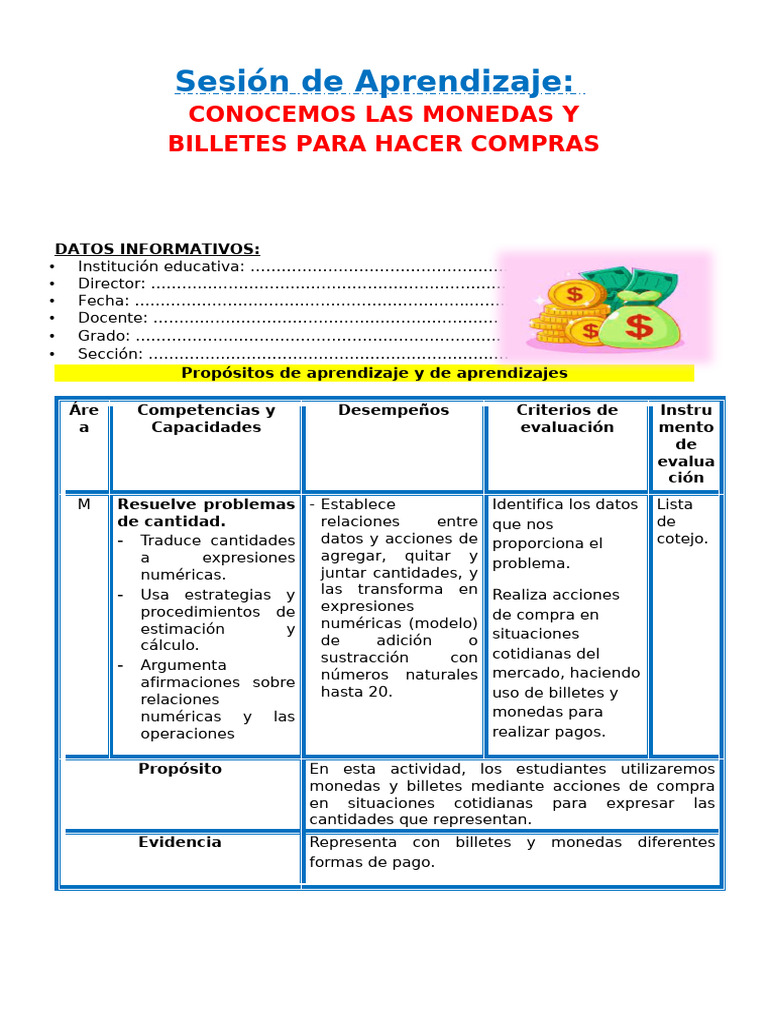 Compras con Monedas y Billetes en Clase | PDF | Aprendizaje