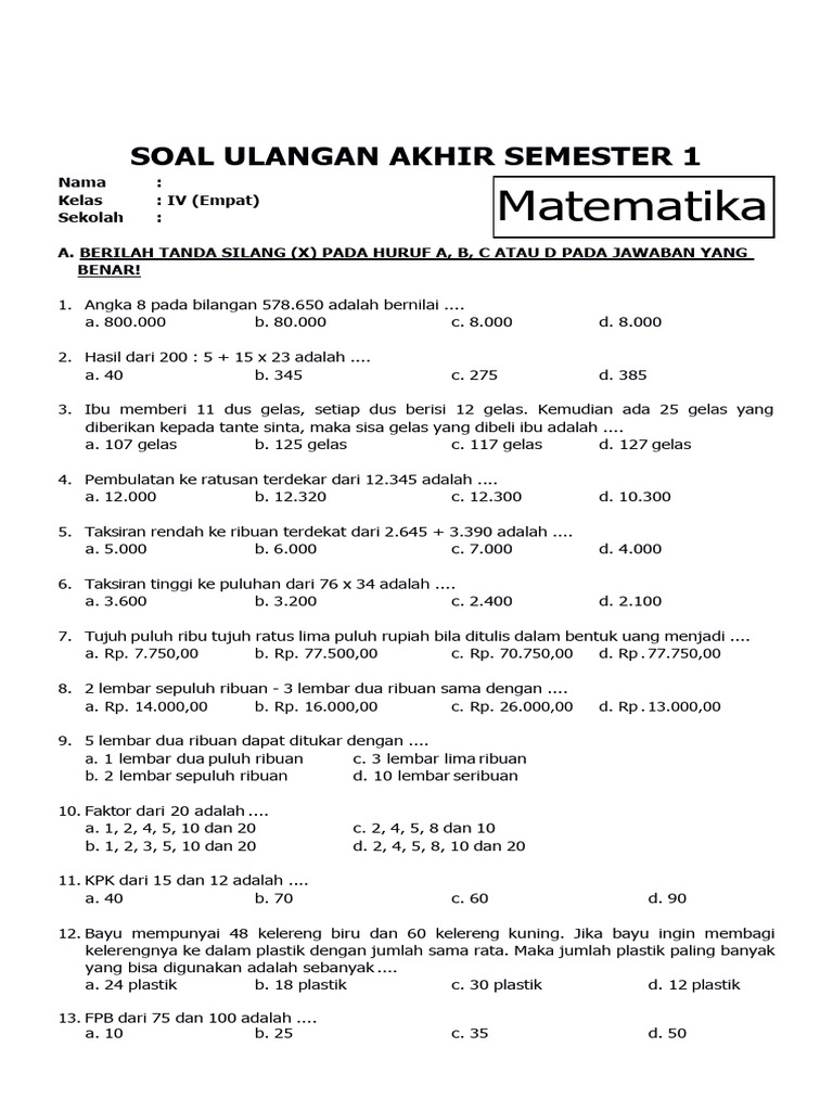 Soal UAS Matematika Kelas 4 SD Semester 1 Ganjil Dan Kunci Jawaban WWW Bimbelbrilian Com | PDF