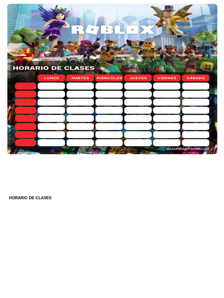 Horario de Clases Roblox para Imprimir Gratis | PDF