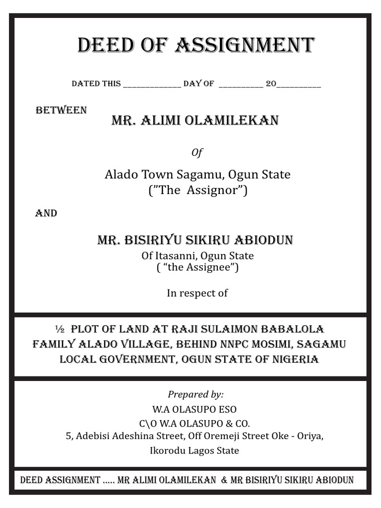 Deed of Assignment | PDF | Assignment (Law) | Legal Documents