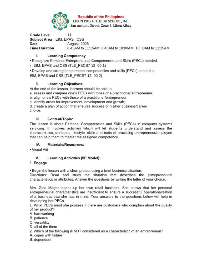 PEC Lesson Plan Realubit | PDF | Entrepreneurship | Learning