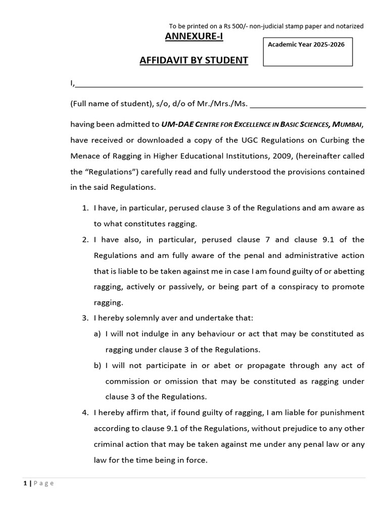 Student Anti-Ragging Affidavit Form | PDF | Affidavit | Justice