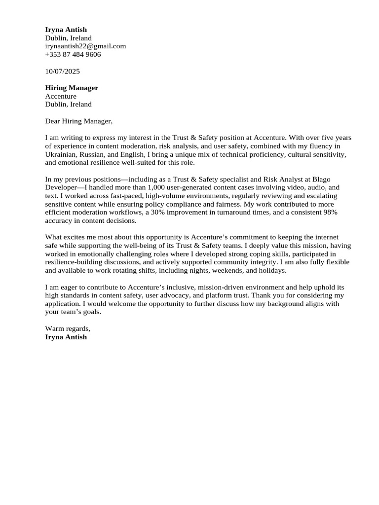 Cover Letter Accenture | PDF