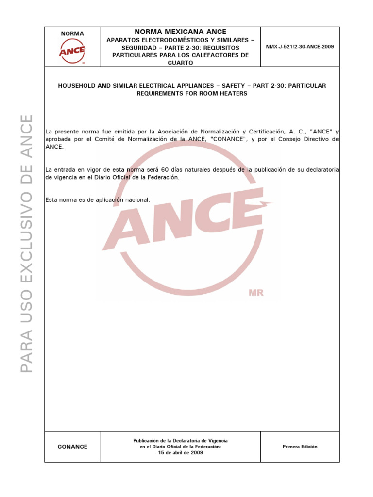 2.15 Nmx-J-521-2-30-Ance-2009 Calefactores de Cuarto | PDF | Aislador (Electricidad) | Resistor