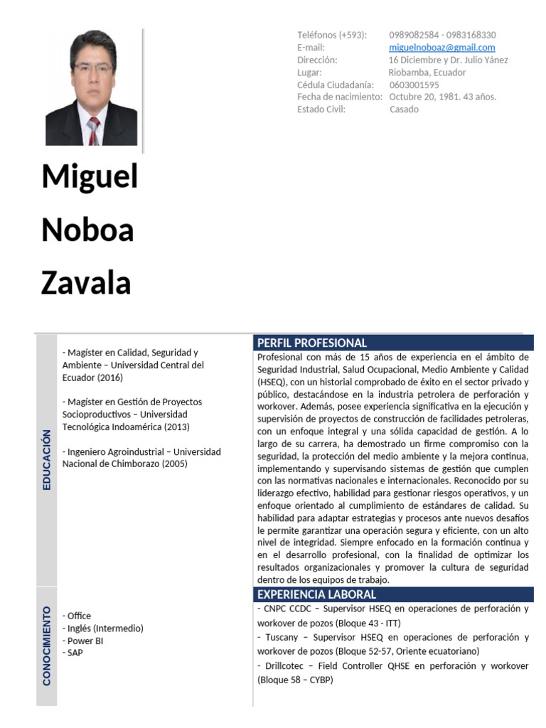 Miguel Noboa Hseq - CV | PDF | Valores