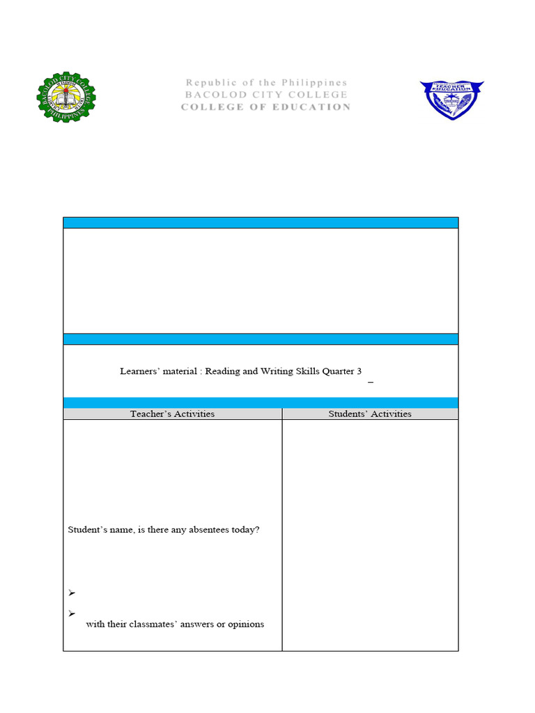 Grade 11 Reading & Writing Lesson Plan | PDF | Learning | Teachers
