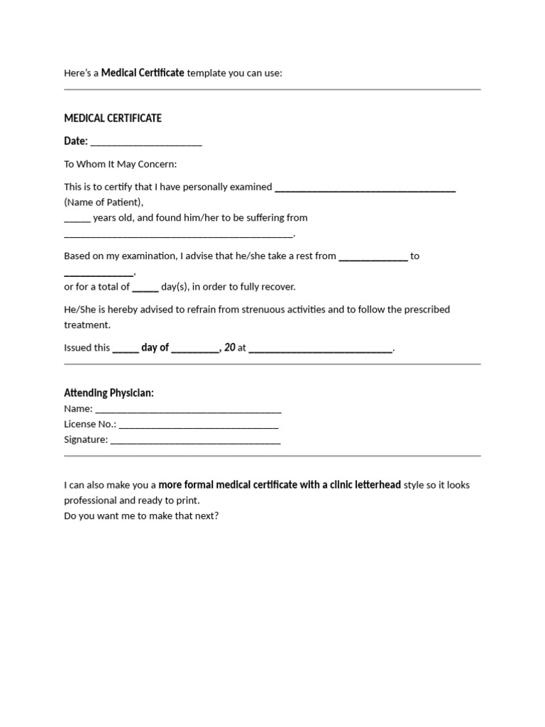 Medical Certificate Template for Patients | PDF