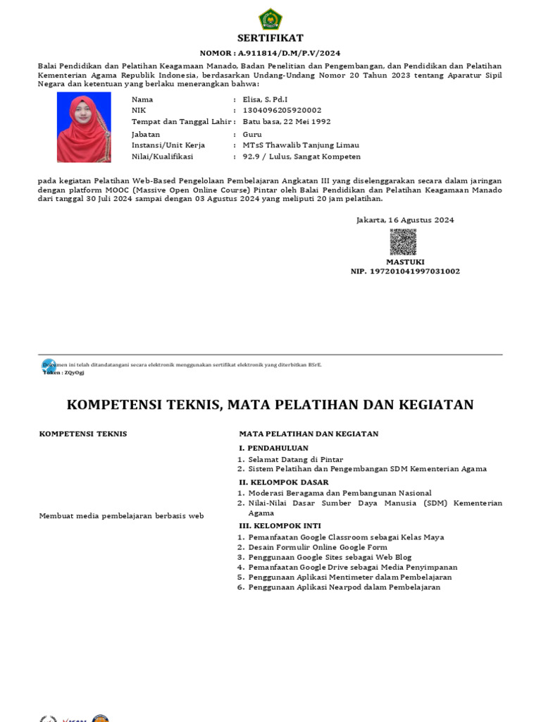 Sertifikat Pelatihan Elisa Web-Based Pengelolaan Pembelajaran 27-11-2024 | PDF