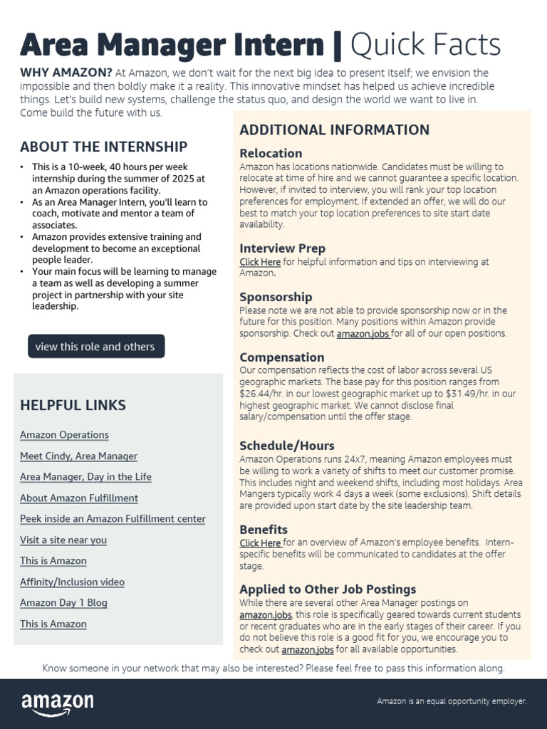 Area Manager Intern - : Quick Facts | PDF | Employment | Labor Relations
