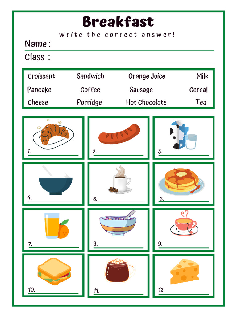 Colorful Illustrative Breakfast Worksheet | PDF