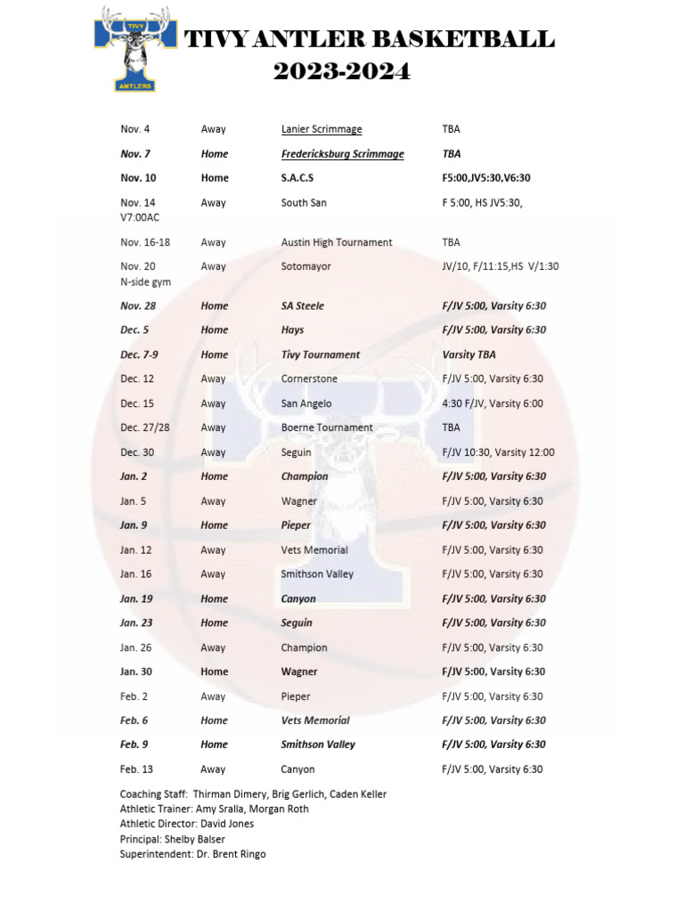 Tivy Basketball 2023-2024 Schedule | PDF