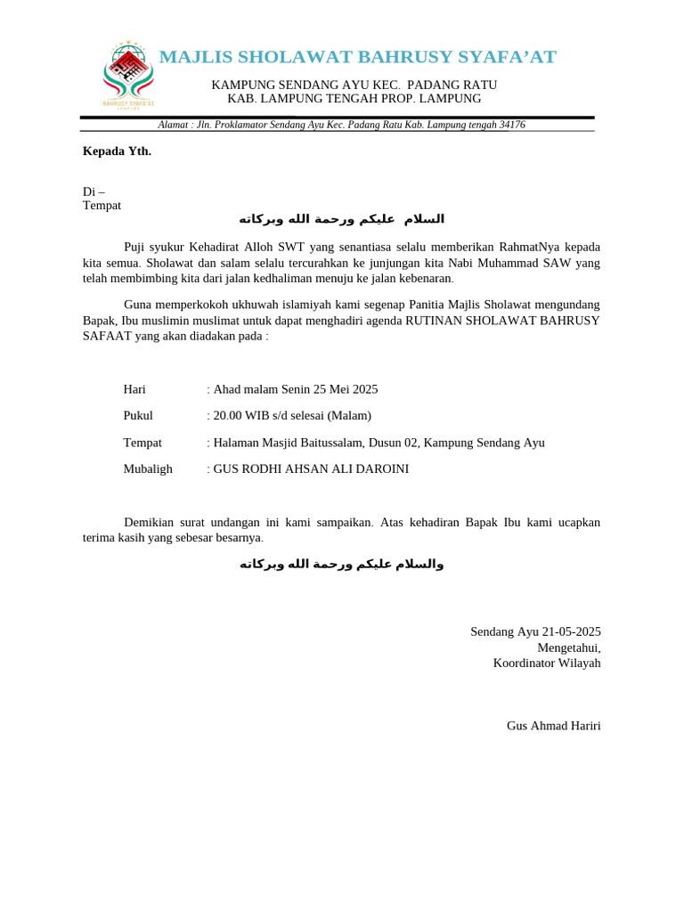 Undangan Sholawat Gus Rodhi Ahsan | PDF
