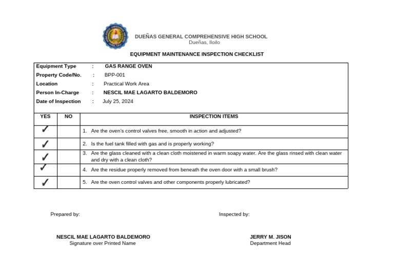 Gas Range Oven Maintenance Checklist | PDF