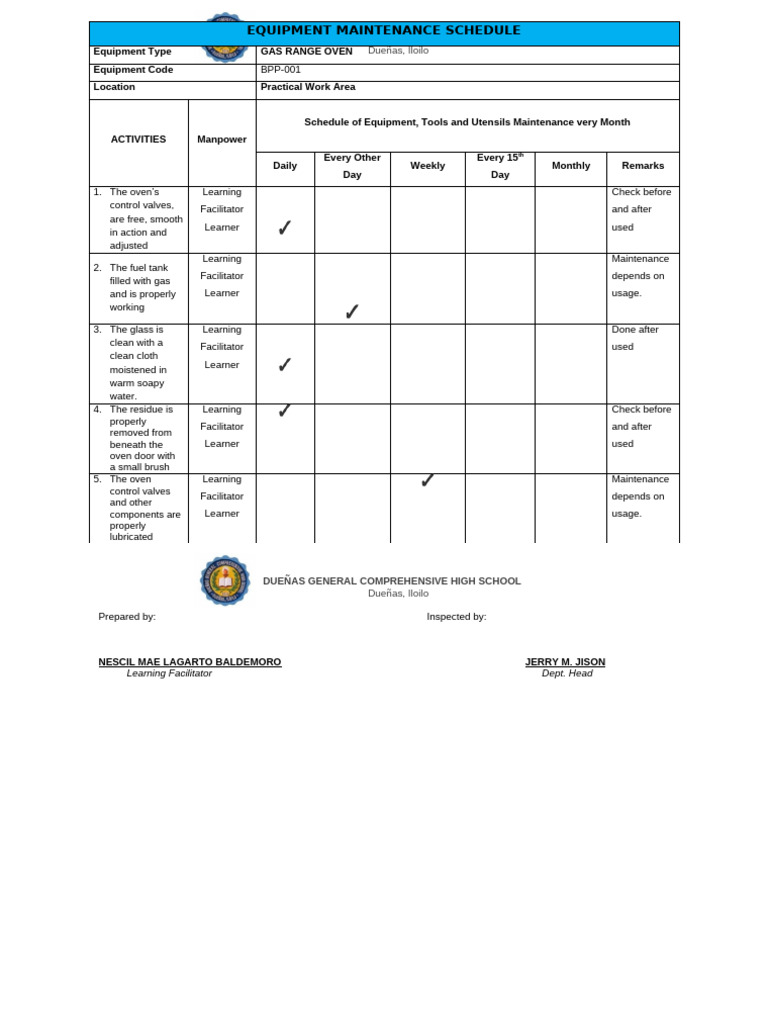 2 Equipment Maintenance Schedule | PDF