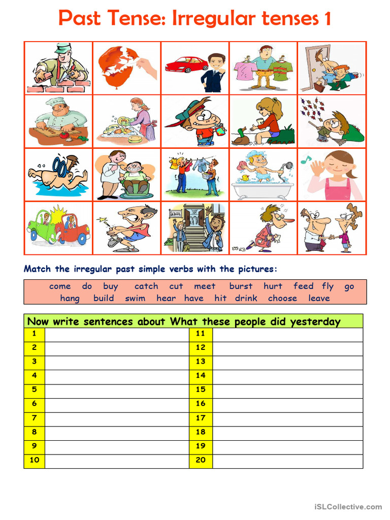 Grammar - Irregular Past Verbs - Match Picture - Sentence Writing | PDF