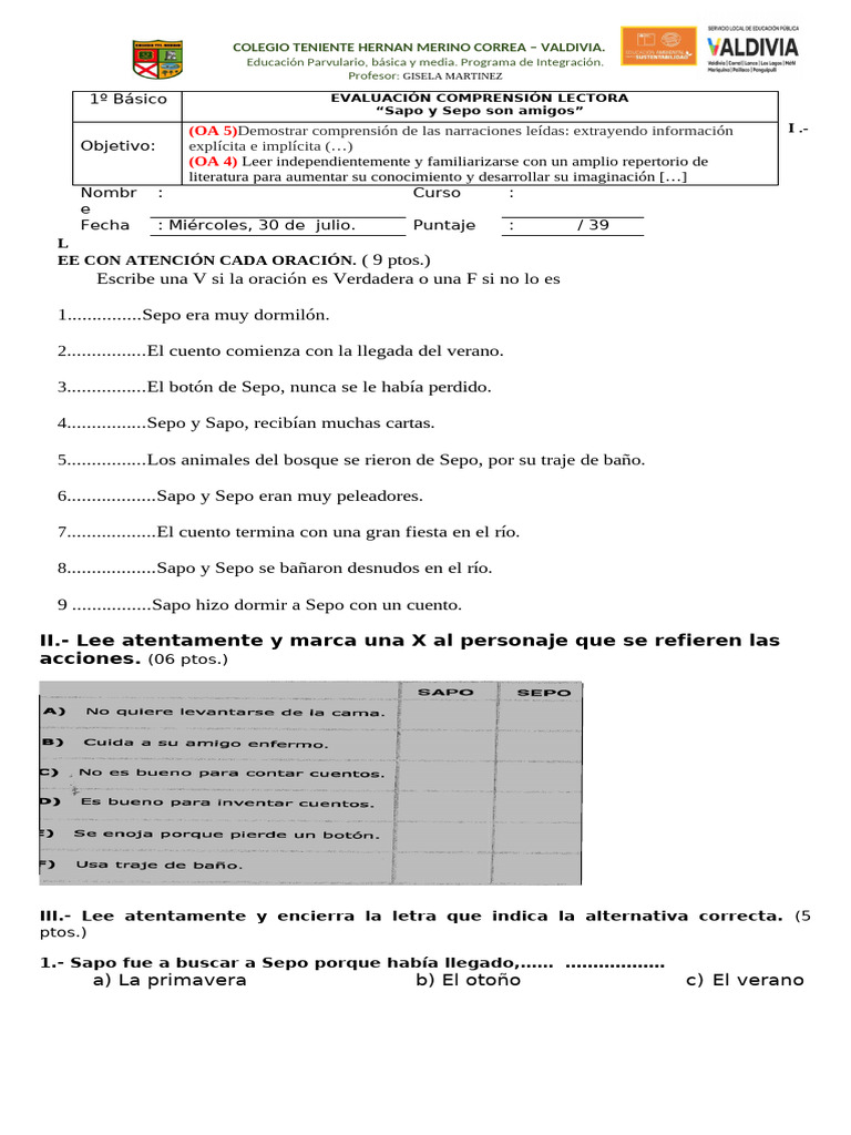 Prueba Sapo y Sepo Son Amigos 1° Básico (1) A | PDF
