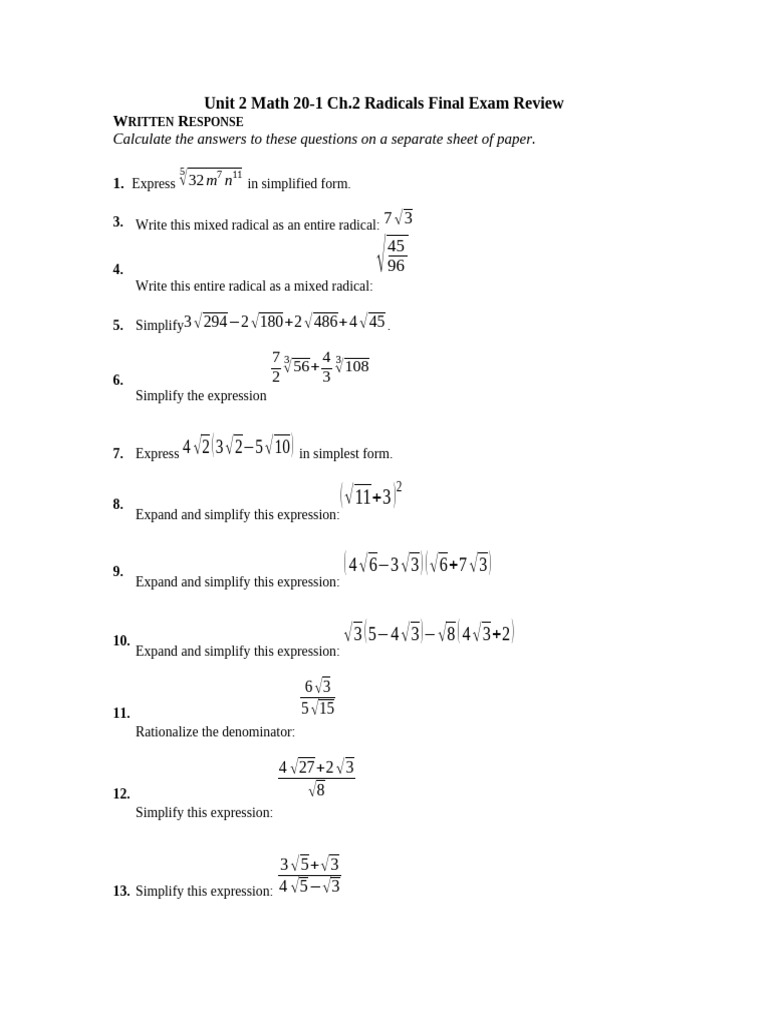 Simplifying Radicals in Math 20-1 | PDF