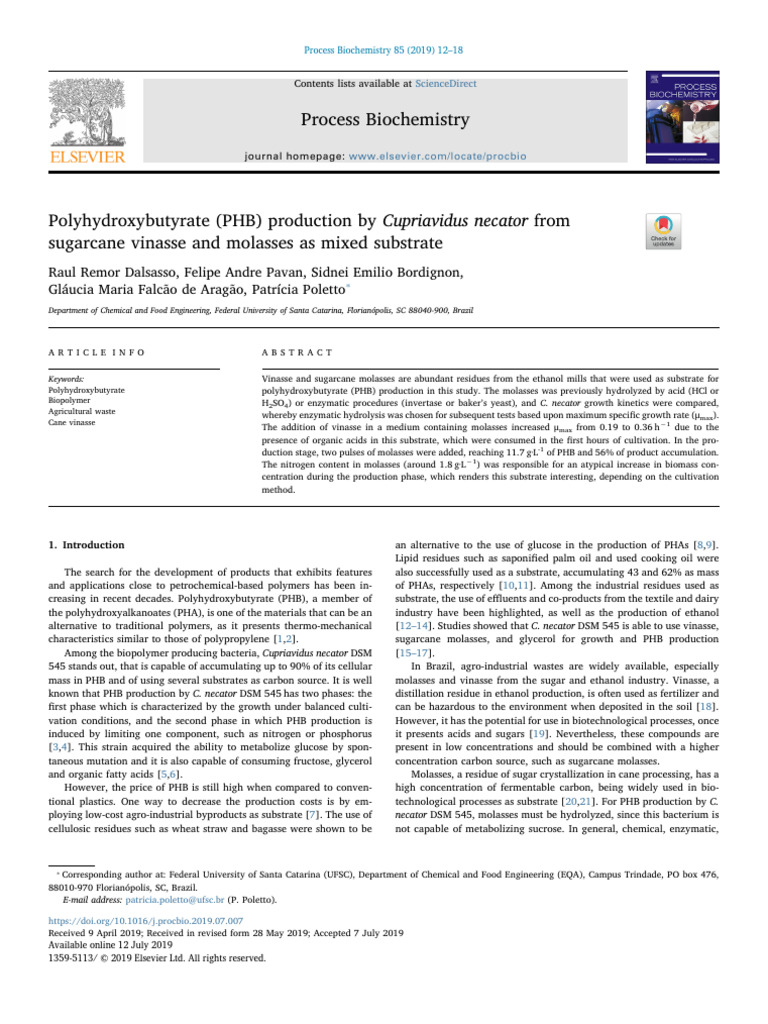 Polyhydroxybutyrate (PHB) Production by Cupriavidus Necator From Sugarcane Vinasse and Molasses ...