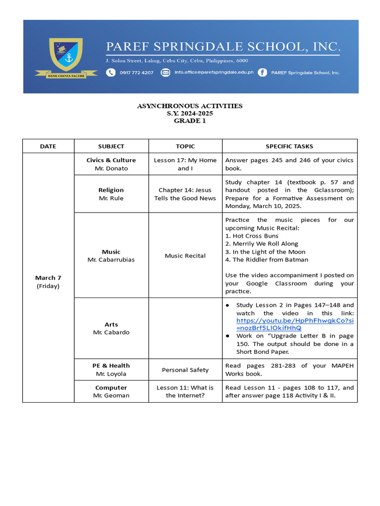 Grade 1 Asynchronous Activities (March 7, 2025) | PDF