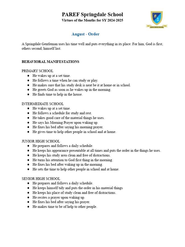 Virtue of The Months For SY 2024 2025 With Descriptions and BMs | PDF ...