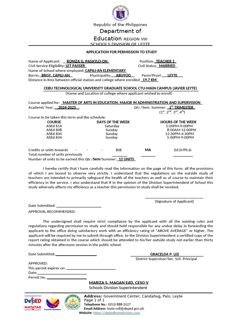 Application For Permission To Study | PDF