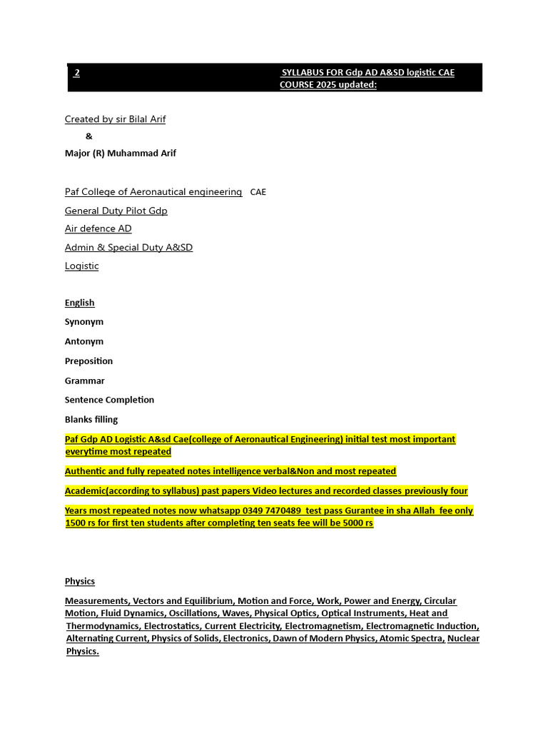 Paf Gdp&Cae AD a&SD Logistic Branch Initial Test Syllabus 2025 Updated ...