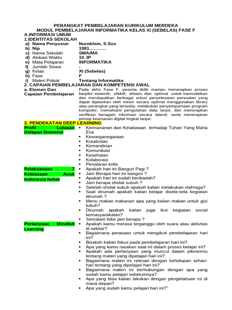 CTH Deep Learning Informatika Kls 11 | PDF