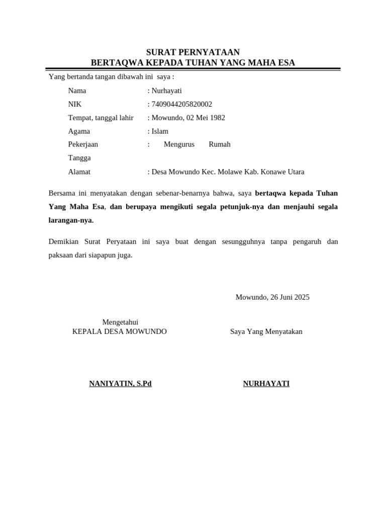 Surat Pernyataan Pendaftaran BPD | PDF