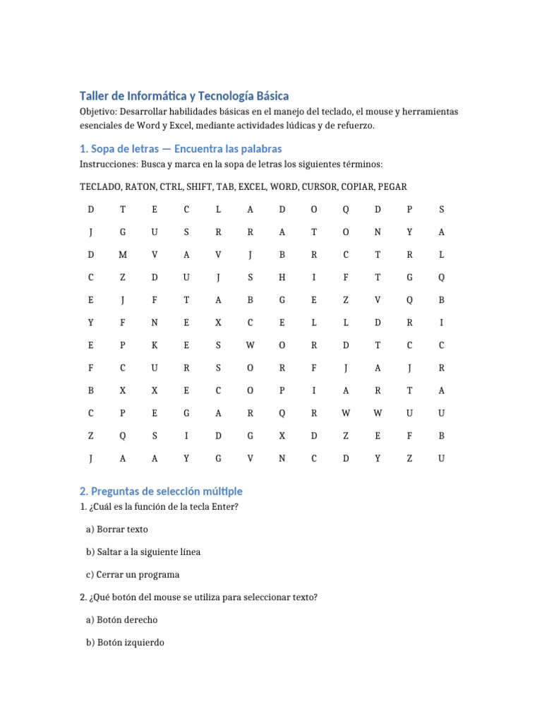 Taller Informatica Basica Con Crucigrama | PDF | Botón (Computación) | Microsoft Excel