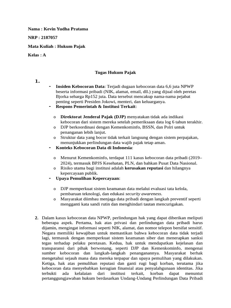 Kebocoran Data NPWP: Tindakan dan Hak | PDF