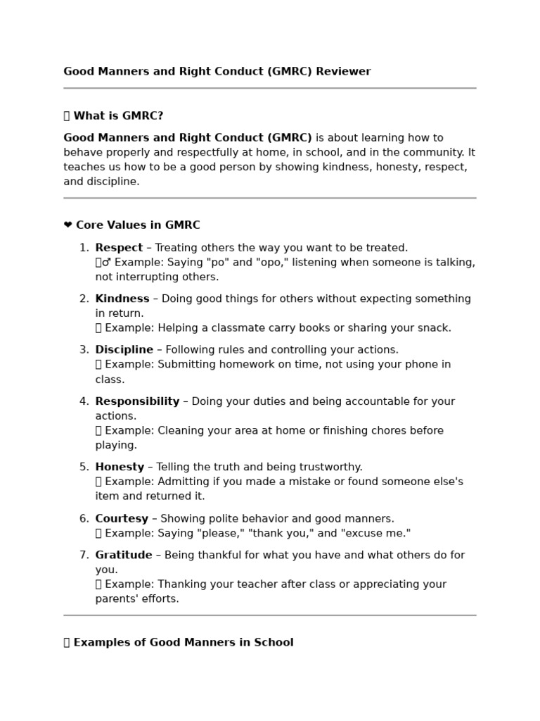 GMRC: Good Manners and Right Conduct Guide | PDF