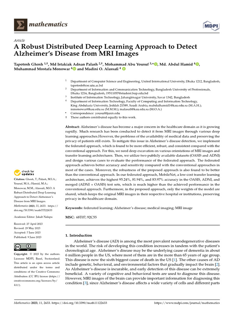 A Robust Distributed Deep Learning Approach to Detect Alzheimer’s Disease From MRI Images | PDF ...