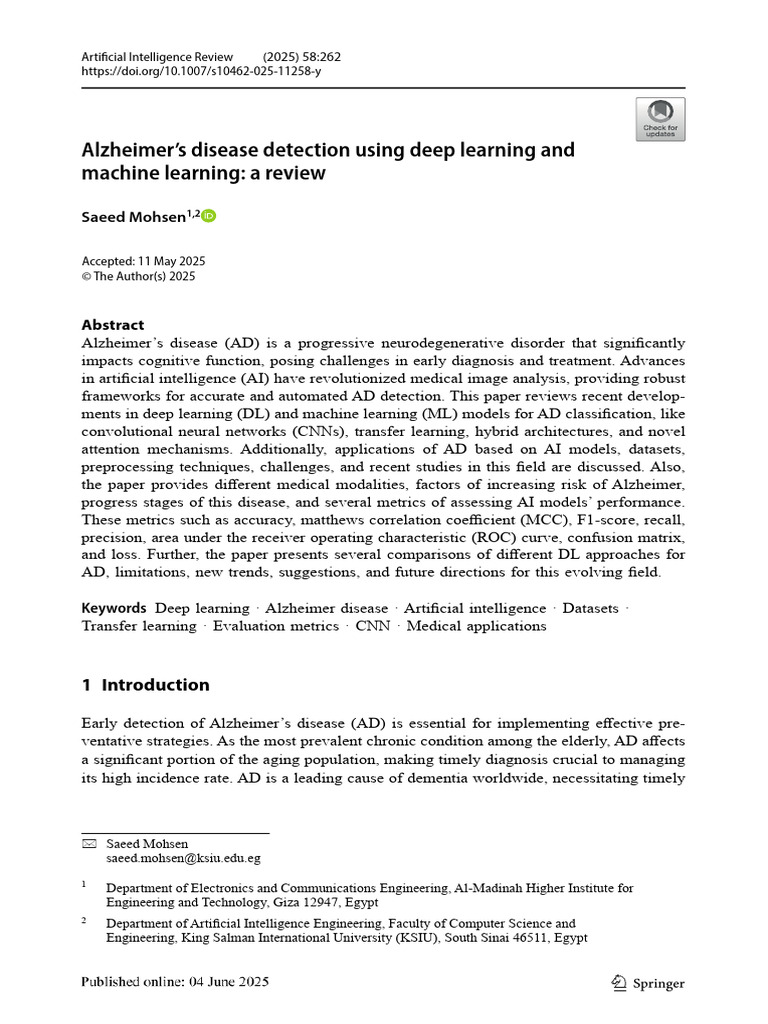 Alzheimer's Disease Detection Using ML and DL | PDF | Support Vector ...