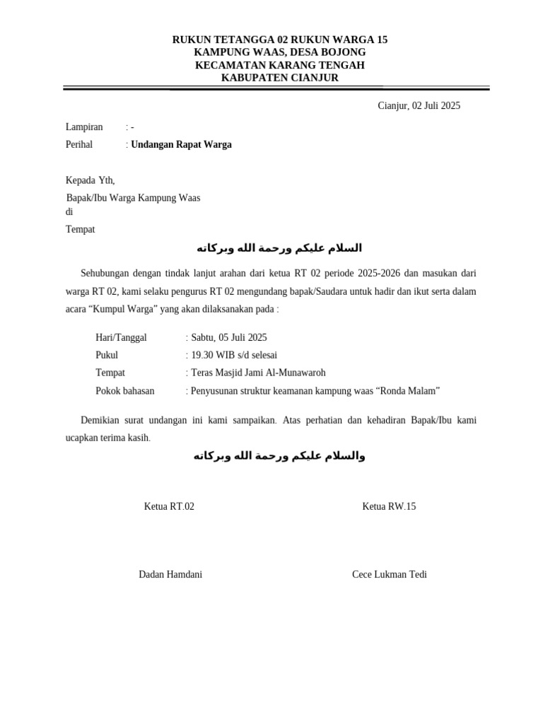 Undangan Rapat Warga RT 02 | PDF