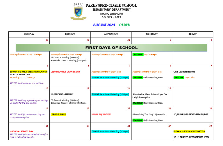 August 2024 Pacing Calendar | PDF