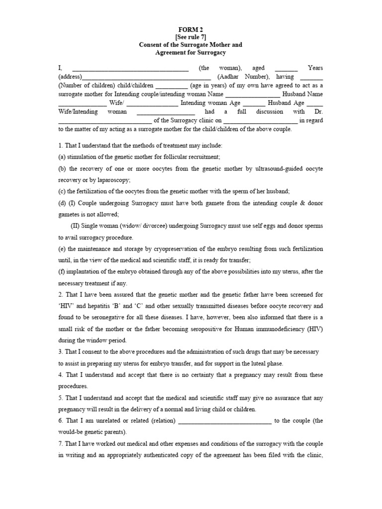 Amended (2023) Form 2 Consent of Surrogate Mother Agreement For Surrogacy New | PDF | Surrogacy ...