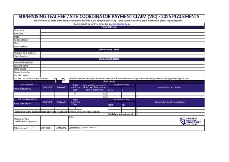 VIC Teacher Payment Claim Form 2025 | PDF | Payments | Taxes