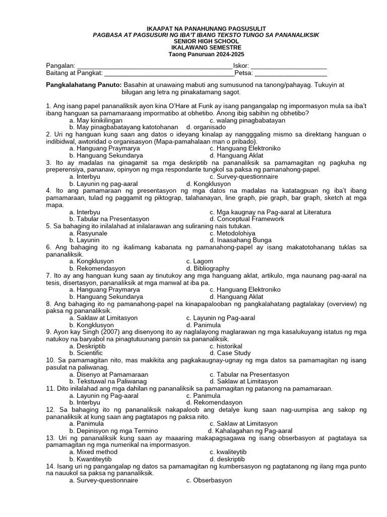4th Quarter FINAL Pagbasa Exam | PDF