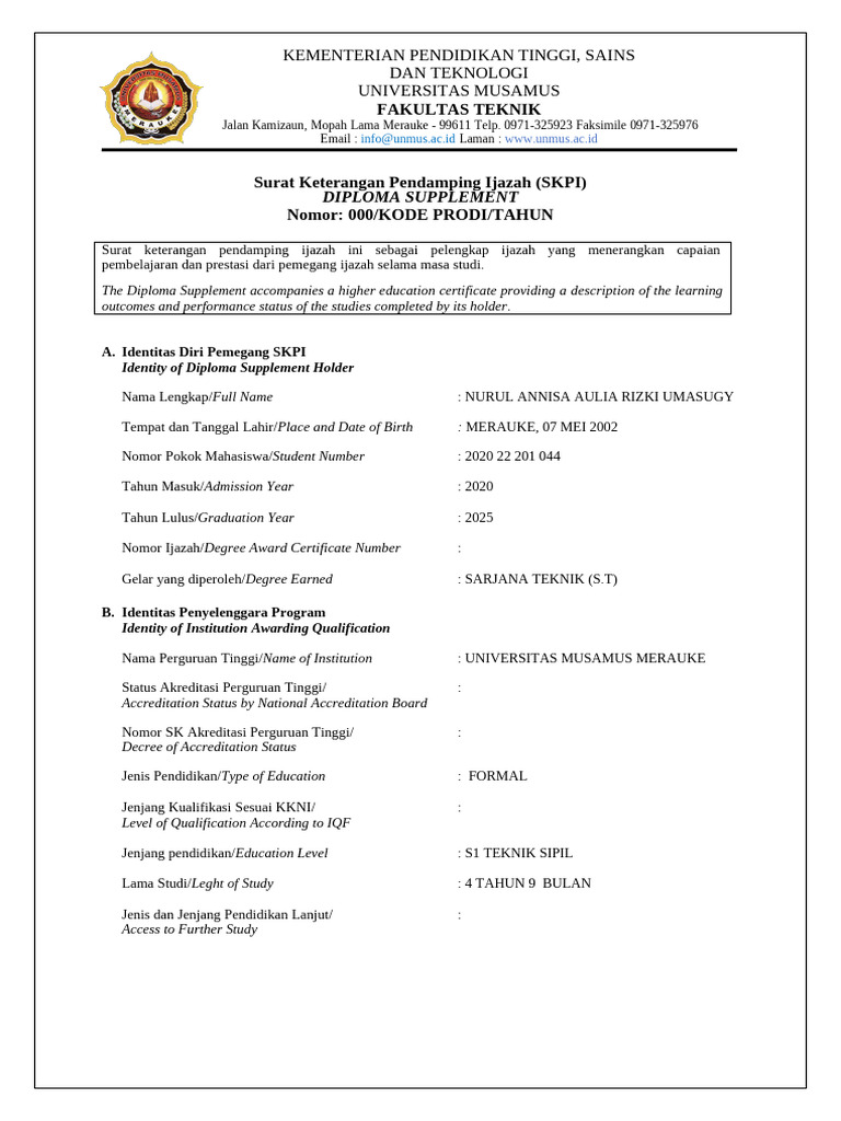 Format Skpi Nurul Annisa Aulia Rizki Umasugy 202022201044 | PDF