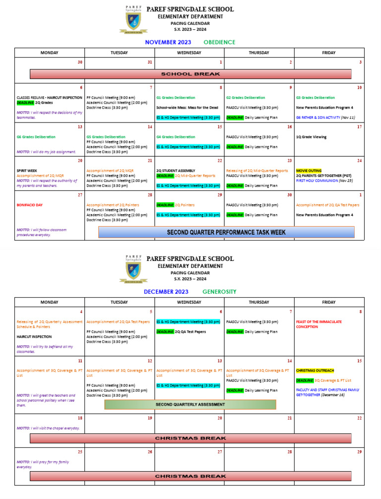 ES Pacing Calendar (S.Y. 2023-2024) - November To December | PDF