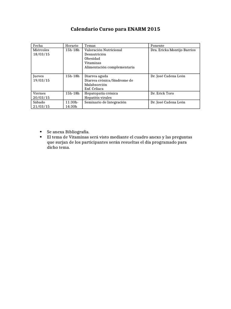 Calendario Curso ENARM Marzo 2015 | PDF
