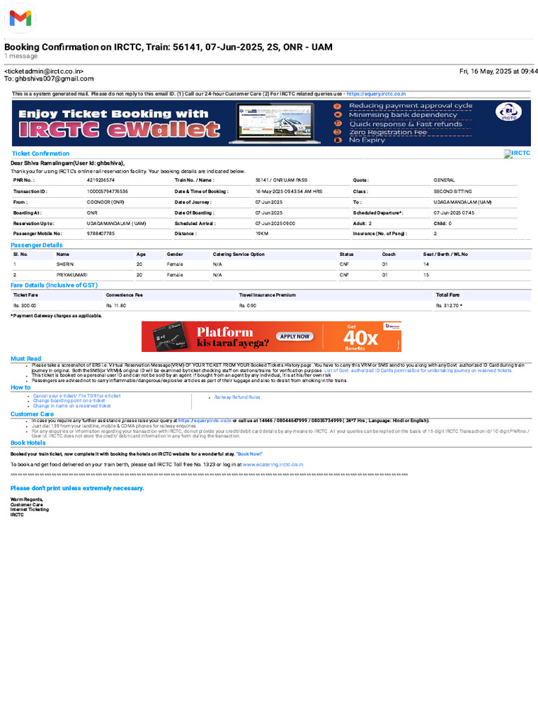 Gmail - Booking Confirmation On IRCTC, Train - 56141, 07-Jun-2025, 2S ...