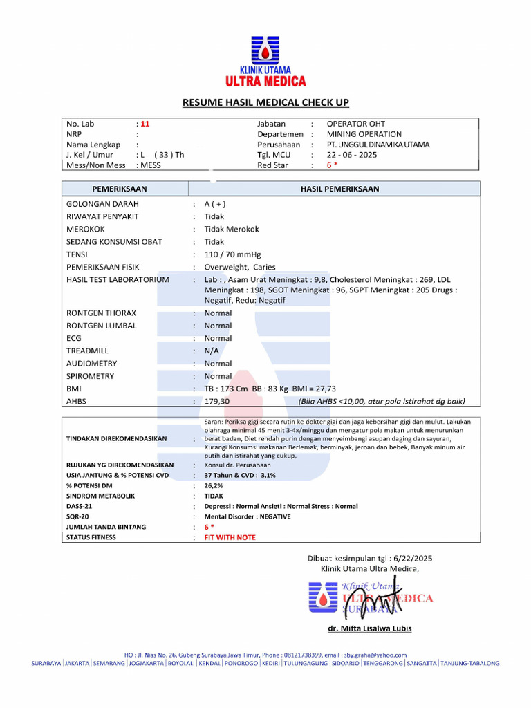 Resume Hasil Medical Chack Up | PDF