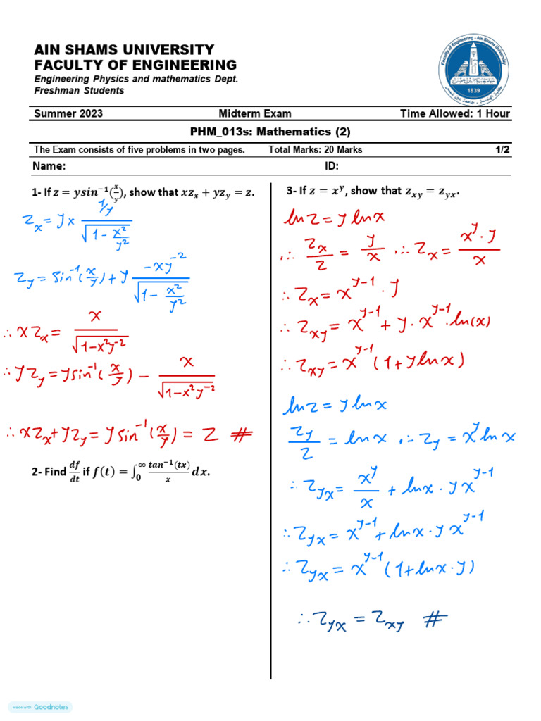 Math 2 Midterm Summer 2023 - Solved | PDF | Mathematics