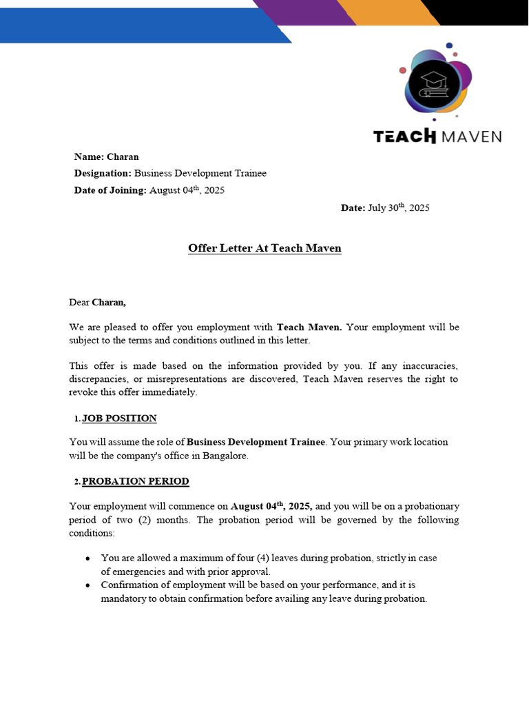 Teach Maven Employment Offer Letter | PDF | Salary | Justice
