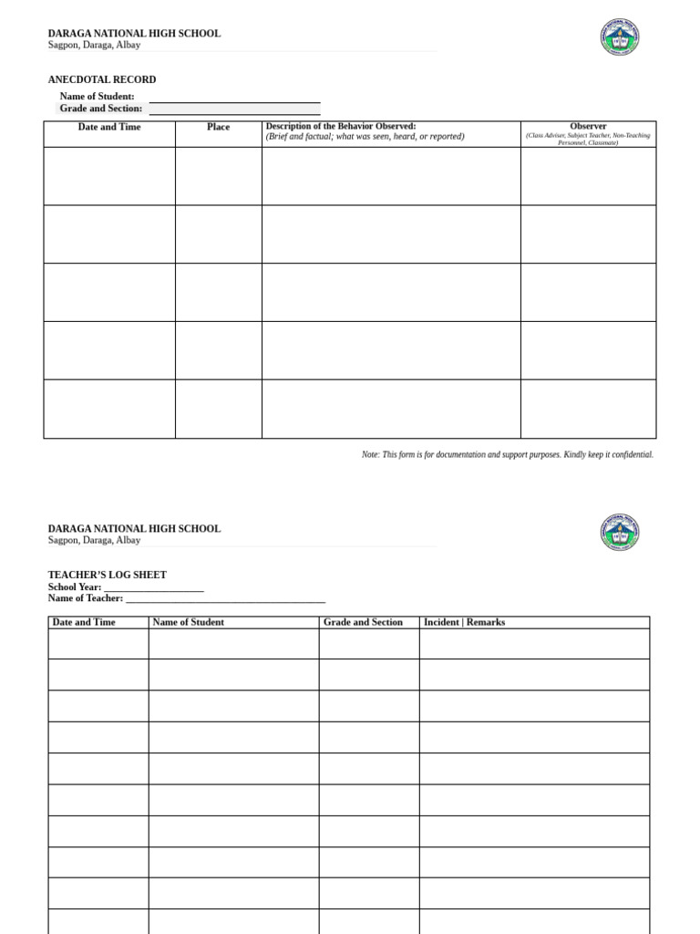 Anecdotal Record and Teachers Log Sheet | PDF